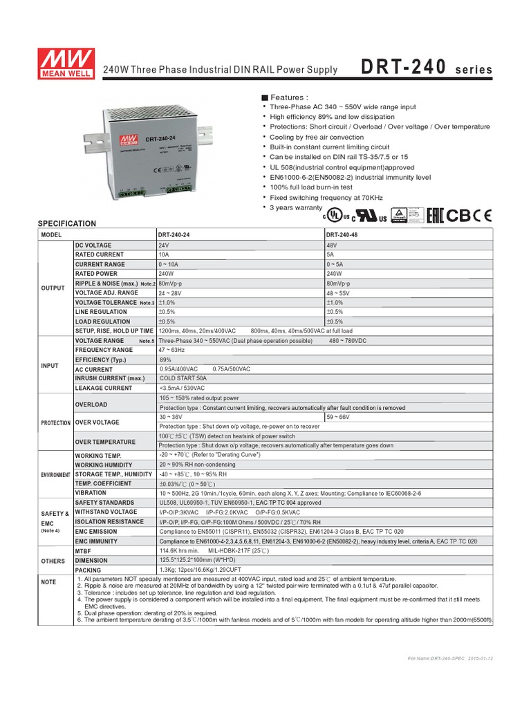 240W Three Phase Industrial DIN RAIL Power Supply: Series | PDF | Power Supply | Rectifier
