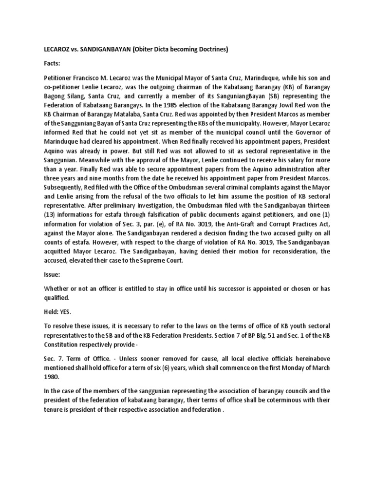 LECAROZ vs. SANDIGANBAYAN (Obiter Dicta Becoming Doctrines) Facts | PDF | Constitutional Law ...