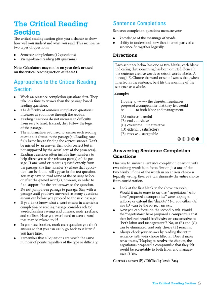 The Critical Reading Section: Sentence Completions | PDF | Question | Sat