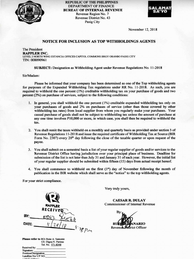 Rappler Inc - BIR Memo As Withholding Tax Agent (112018)
