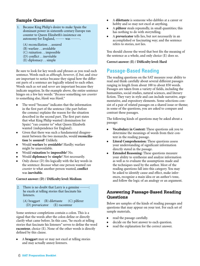 Analyzing Sample Passage-Based Reading Questions from the SAT | PDF ...
