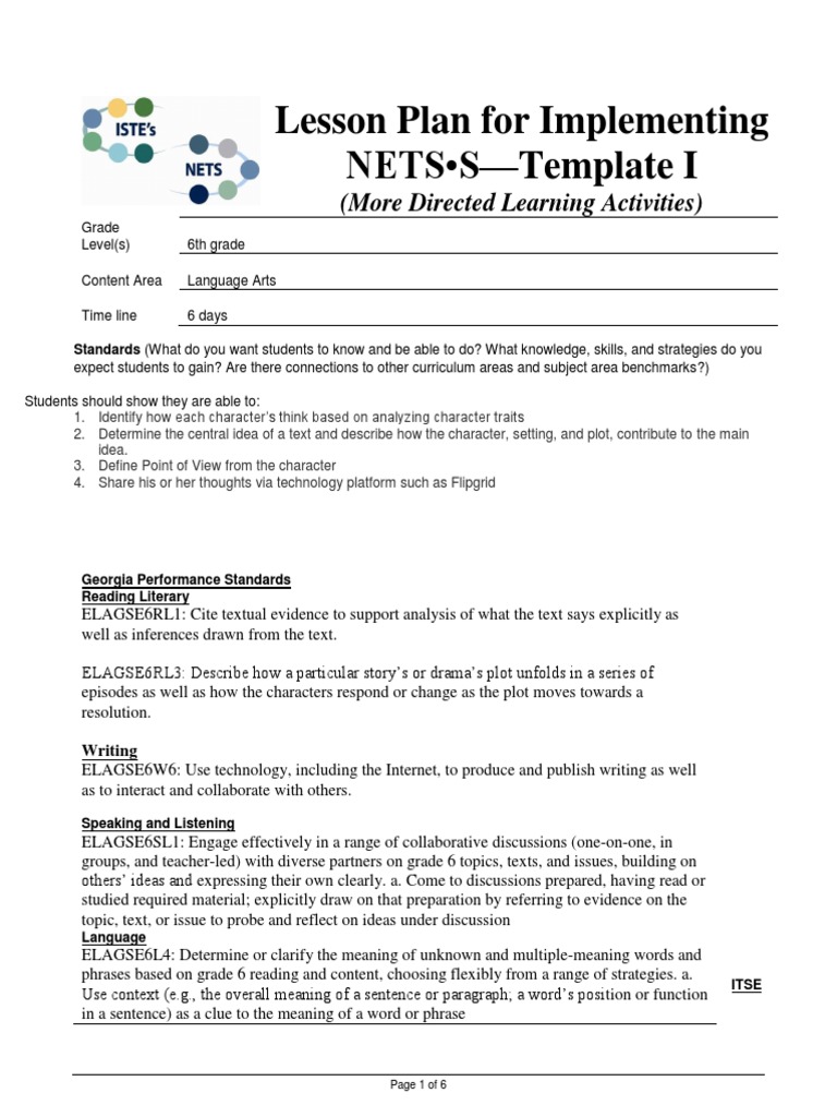 Lesson Plan For Implementing Nets S Template I More Directed