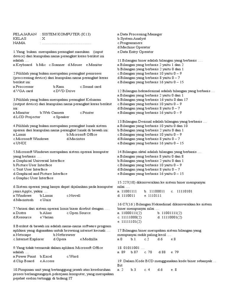 Soal Pilgan Sistem Komputer Sem 1 Kls10 | PDF