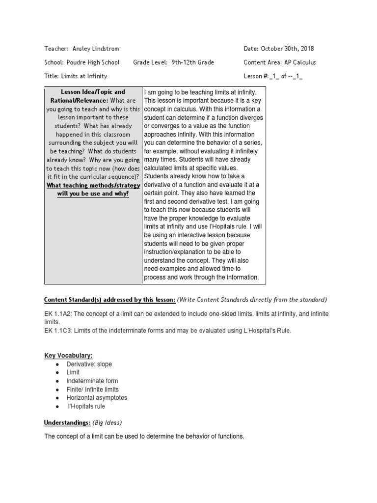 Lesson Plan 2 Limits at Infinity | PDF | Limit (Mathematics) | Infinity