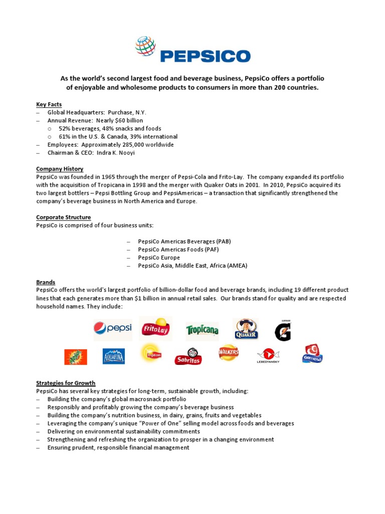 Pepsi Co Corporate Fact Sheet | PDF | Pepsi Co | Food And Drink