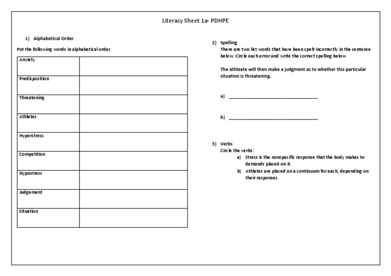 PDHPE Literacy Skills Practice | PDF