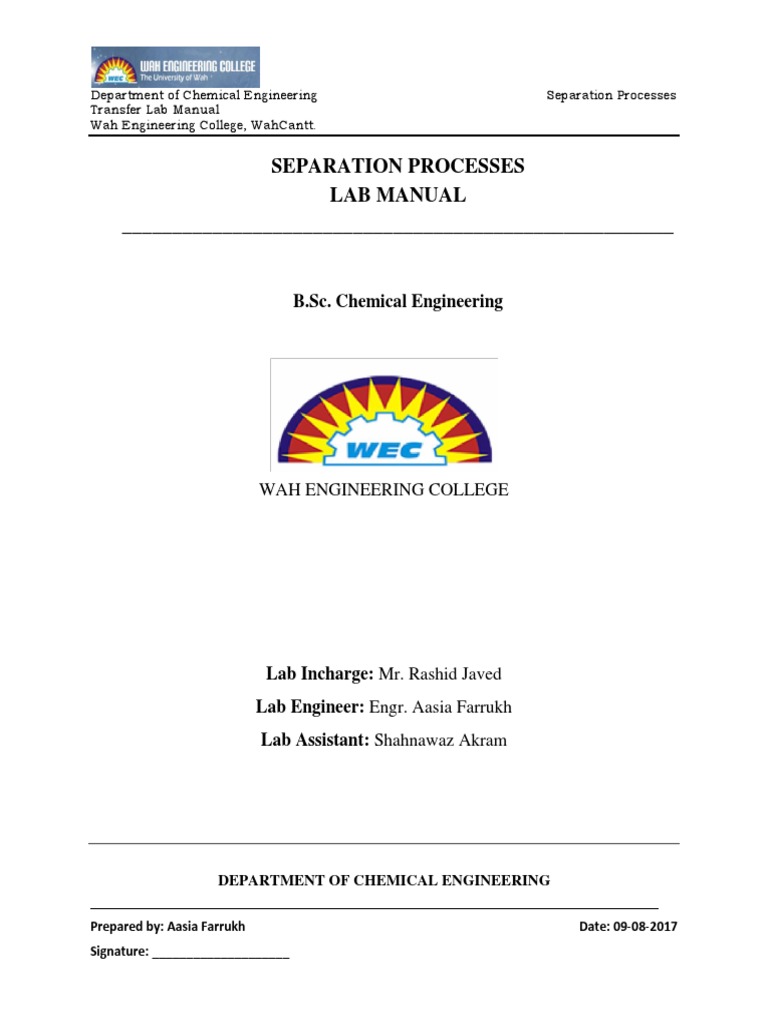 Separation Processes Lab Manual | PDF | Distillation | Separation Processes