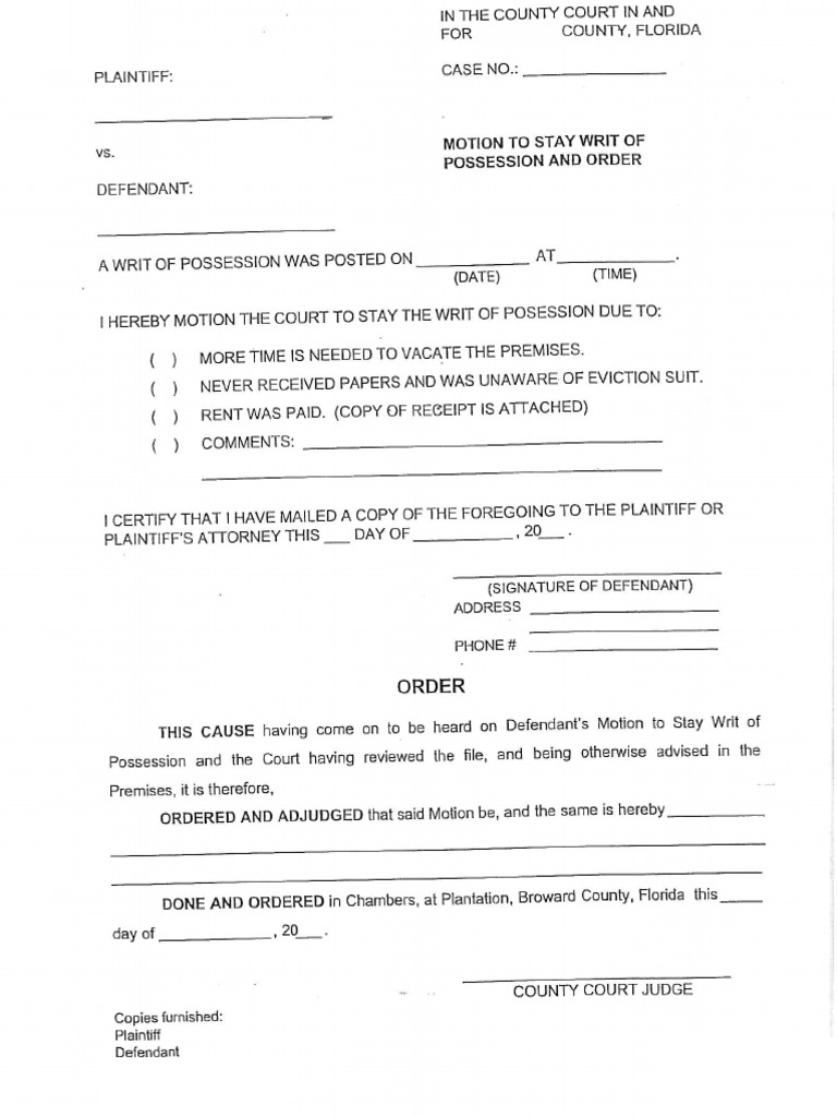 Motion To Stay Writ of Possession and Order | PDF | Justice | Crime ...