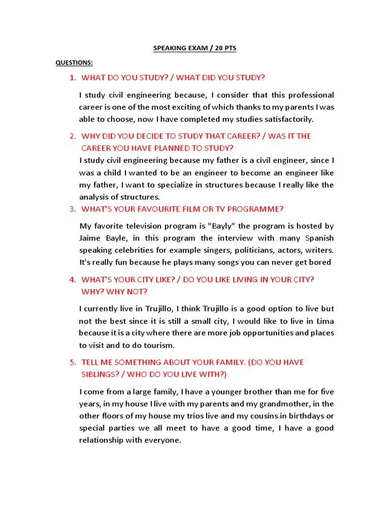 Speaking Exam / 20 PTS: Questions | PDF | Firefighter | English Language