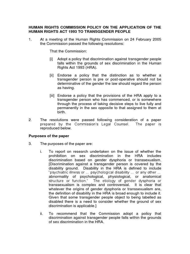 2005 NZ Human Rights Commission Policy On The Application of The Human ...