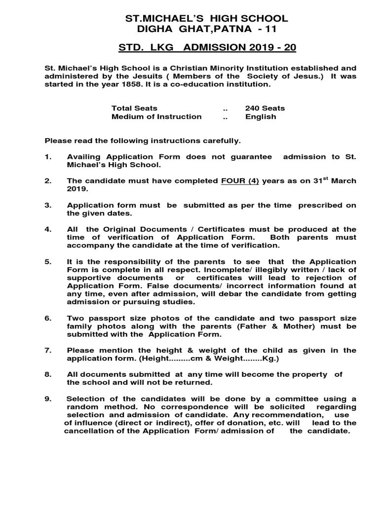 LKG Admission Form Details 2019-20 | PDF | Identity Document | Official ...