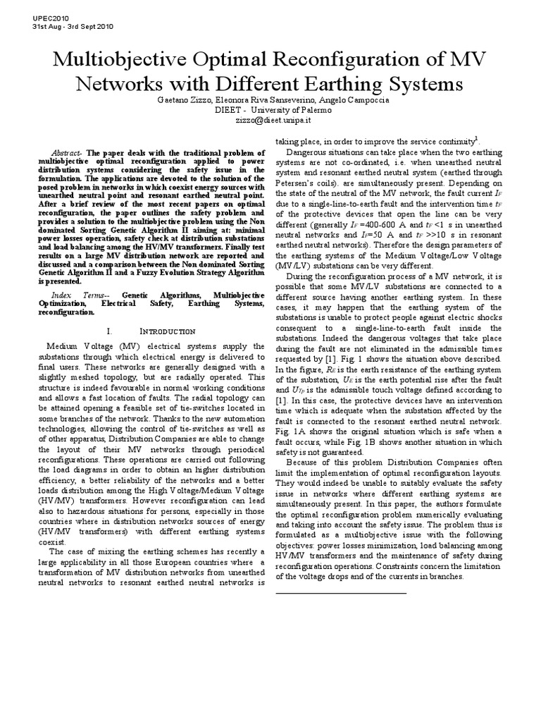 Multiobjective Optimal Reconfiguration of MV Networks With Different Earthing Systems | PDF ...
