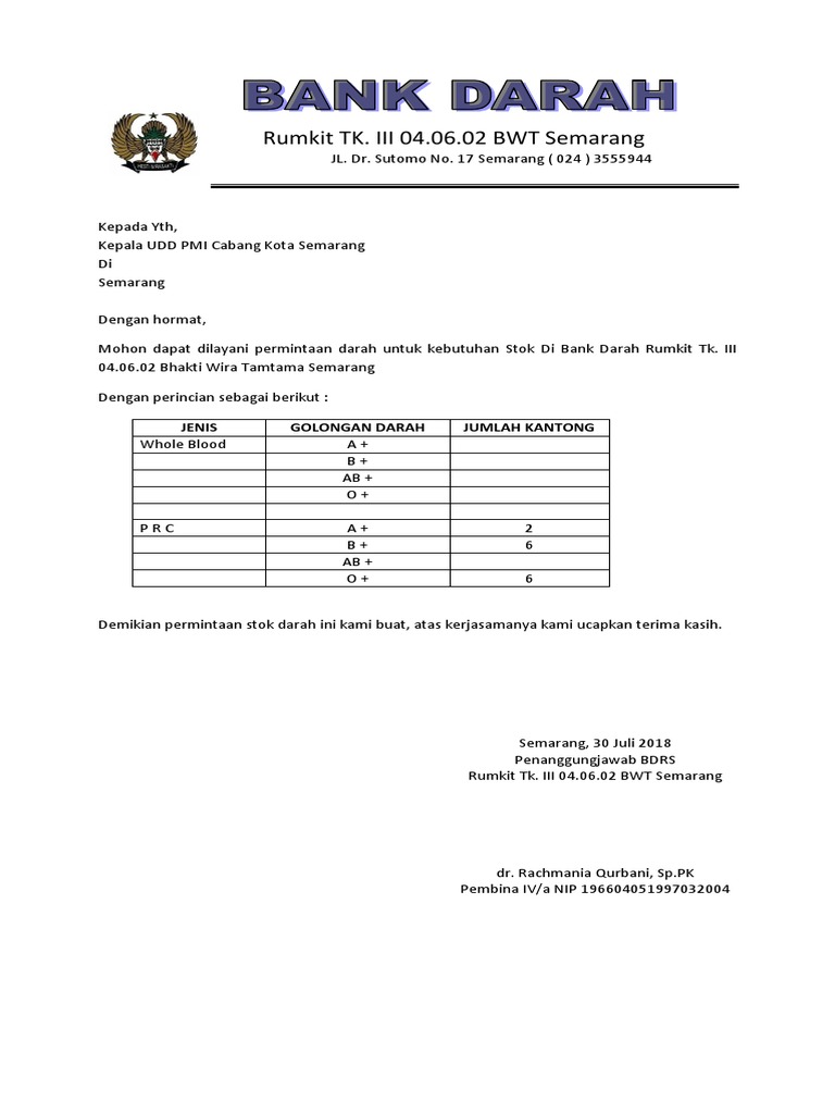 Surat Permintaan Darah DROPPING PMI | PDF