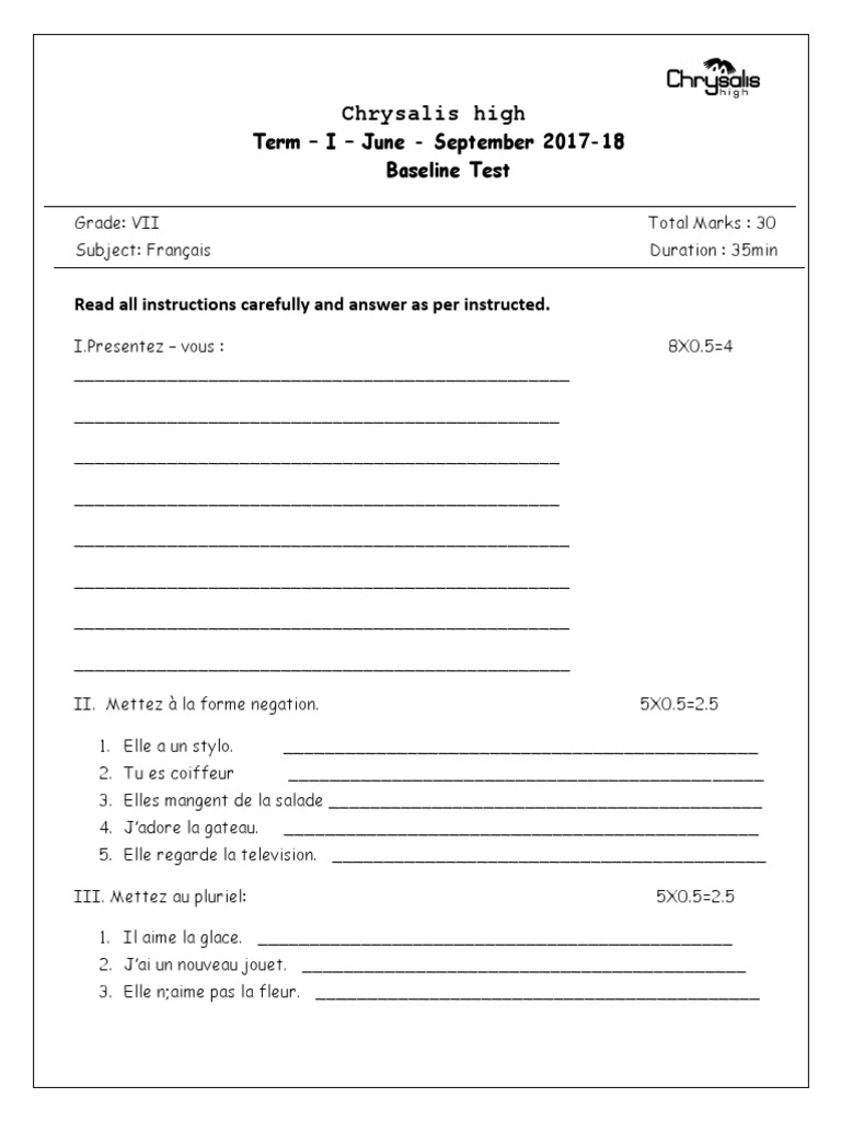 Chrysalis High Grade 7 Baseline Test | PDF