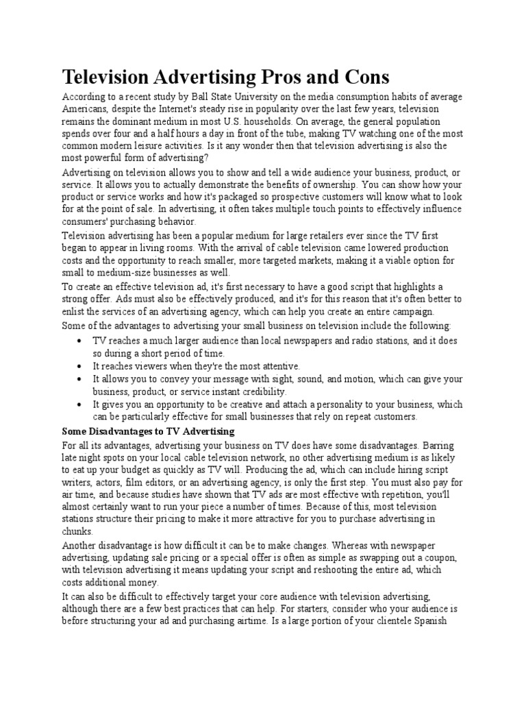 TV Advertising: Pros and Cons Guide | PDF | Advertising | Promotion And ...