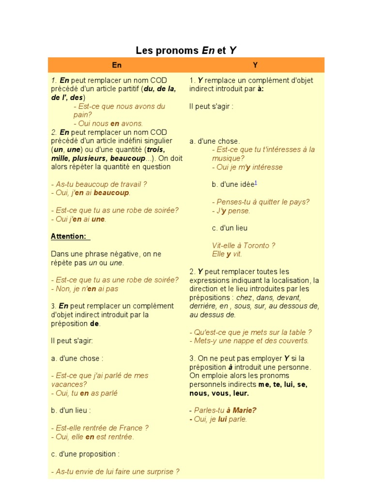 1 Les Pronoms en Et y | PDF | Pronom | Complément d'objet