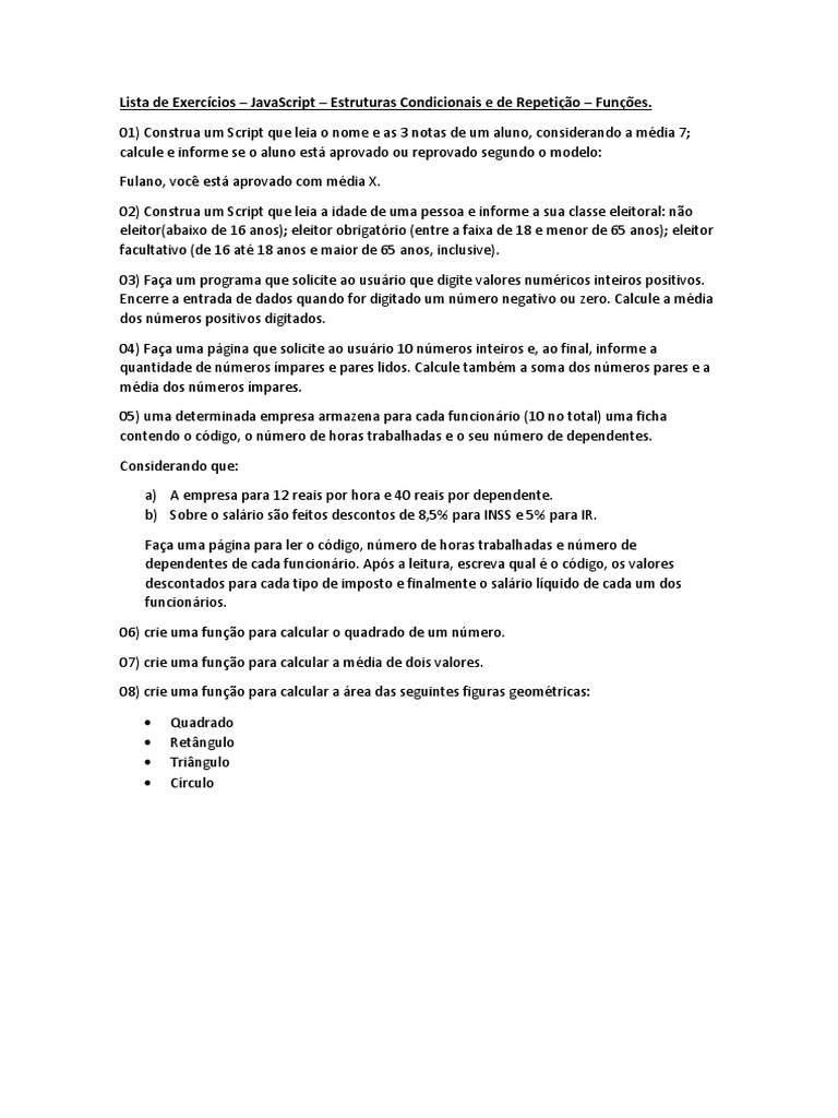Lista De Exercícios02 Javascript Pdf