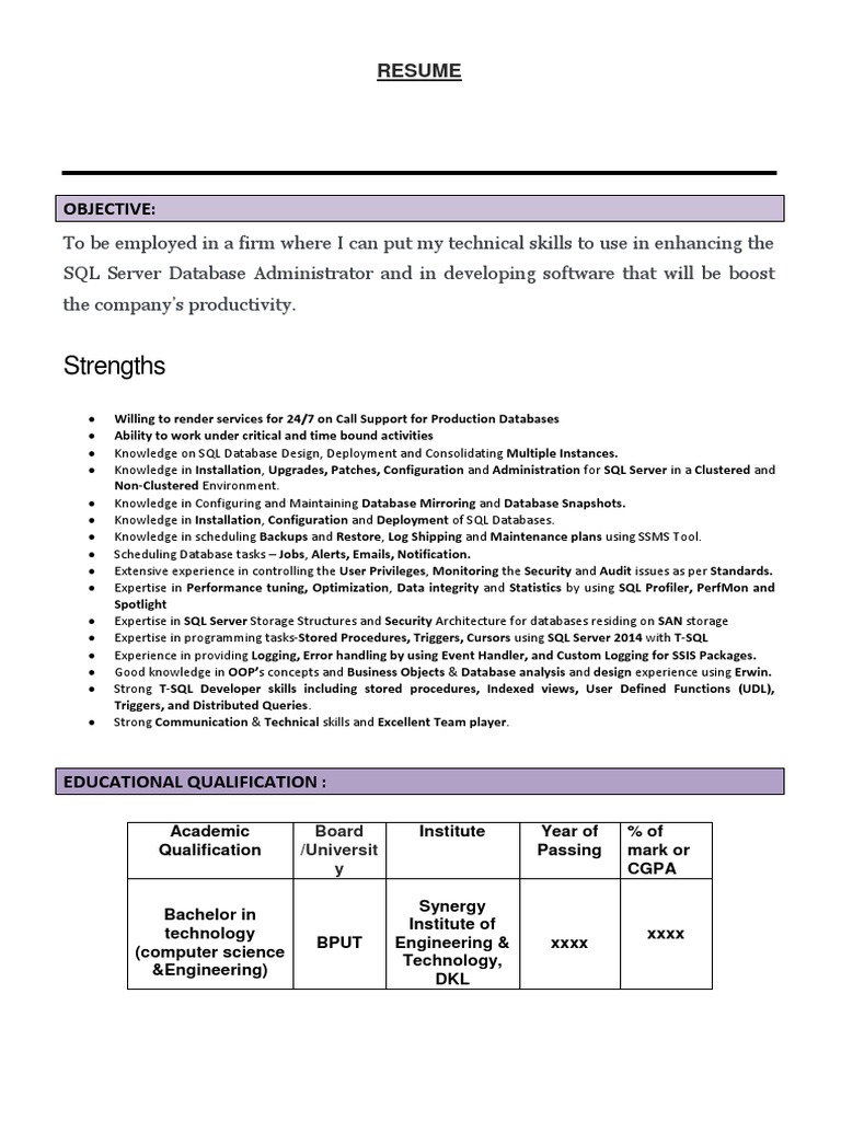 SQL DBA Resume Fresher | PDF | Microsoft Sql Server | Databases