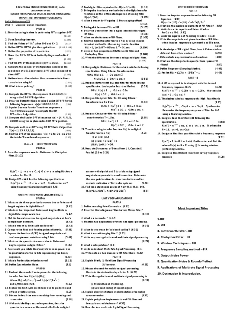 DSP Imp Questions | PDF | Digital Signal Processing | Discrete Fourier Transform