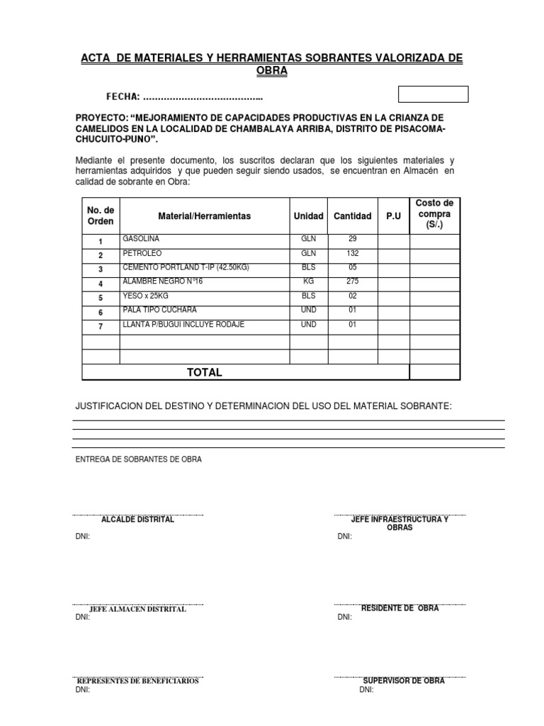 Acta de Materiales Sobrantes Valorizada de Obra | PDF