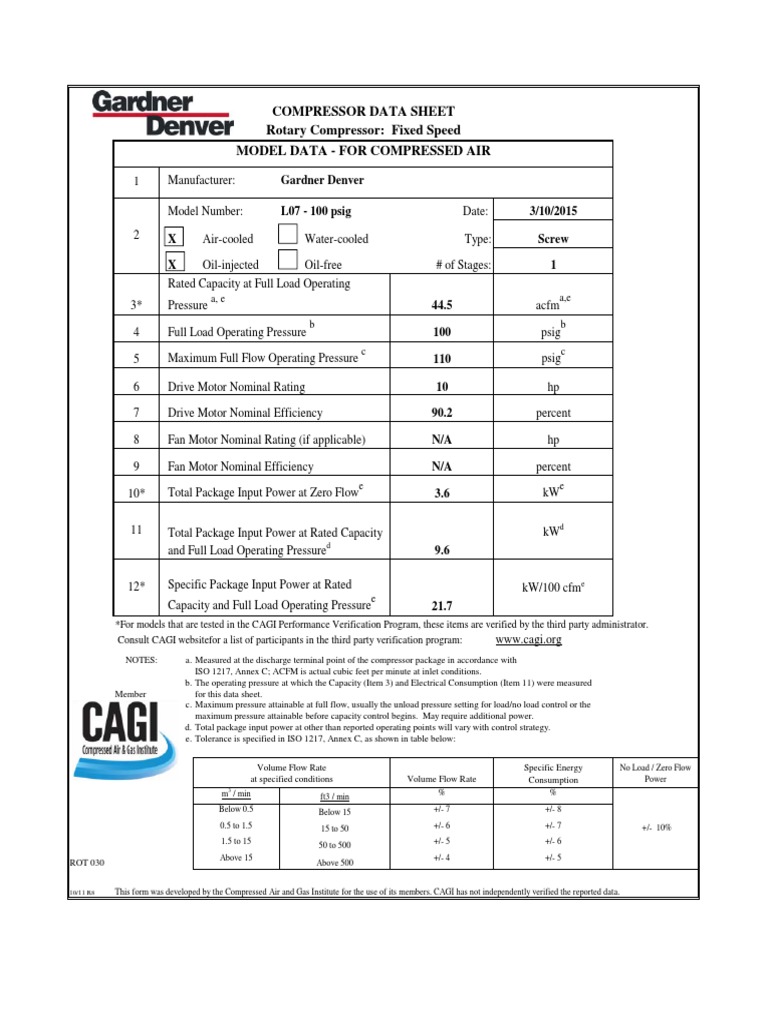 Compressor Data Sheet Rotary Compressor: Fixed Speed: Gardner Denver ...