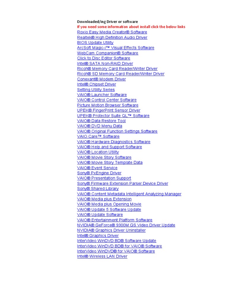 List of Drivers For VGN-591UB For Windows7 Ultimate 32-Bit | PDF | Sony ...