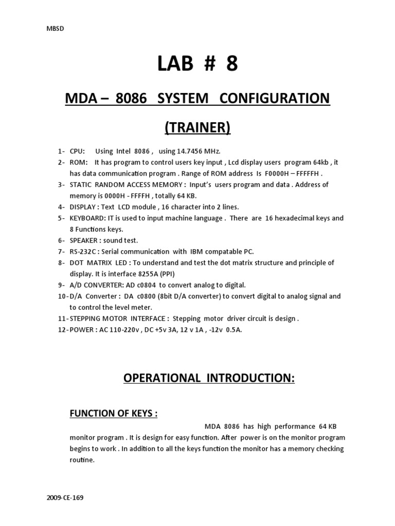 Mda - 8086 System Configuration (Trainer) : Operational Introduction | PDF | Digital To Analog ...