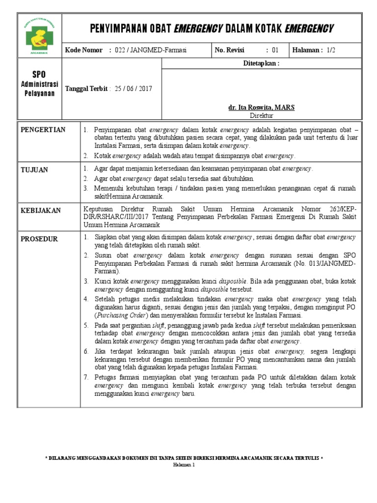 Penyimpanan Obat Emergency Dalam Kotak Emergency (Rev. 00,13) | PDF