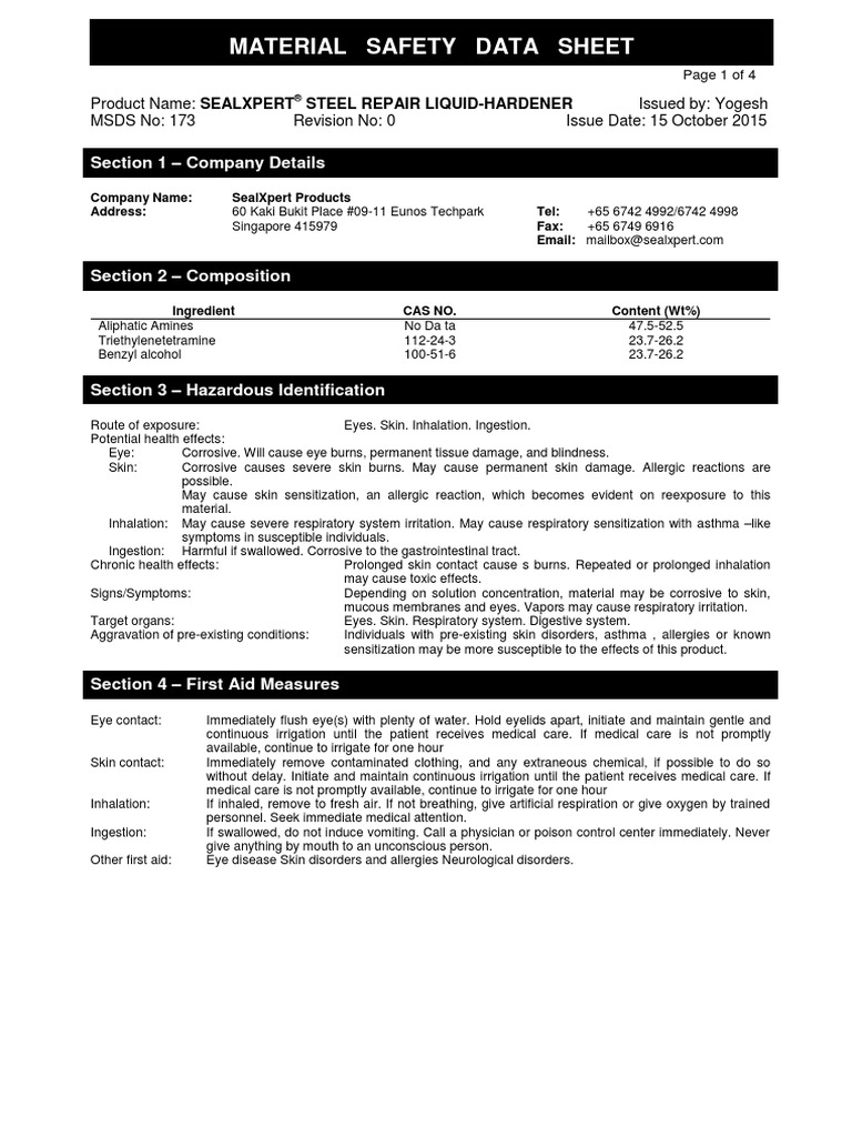 MSDS - Sealxpert PL102 Steel Repair Liquid-Hardener PDF | PDF ...