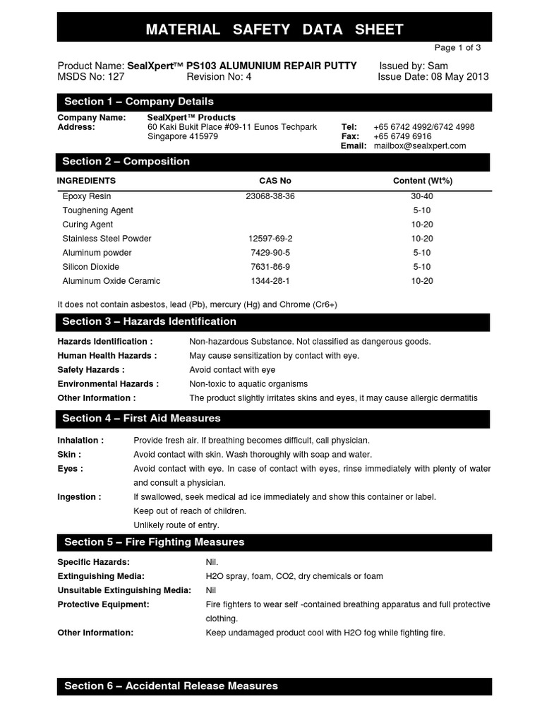 MSDS - Sealxpert PS103 Alumunium Repair Putty Rev 4 PDF | PDF | Dangerous Goods | Soil