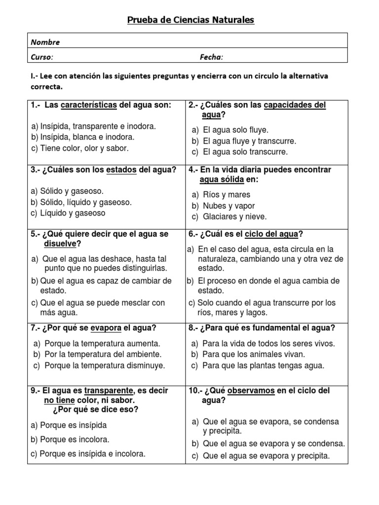Hoja De Trabajo Con Cuestionario Sobre El Ciclo Del Agua