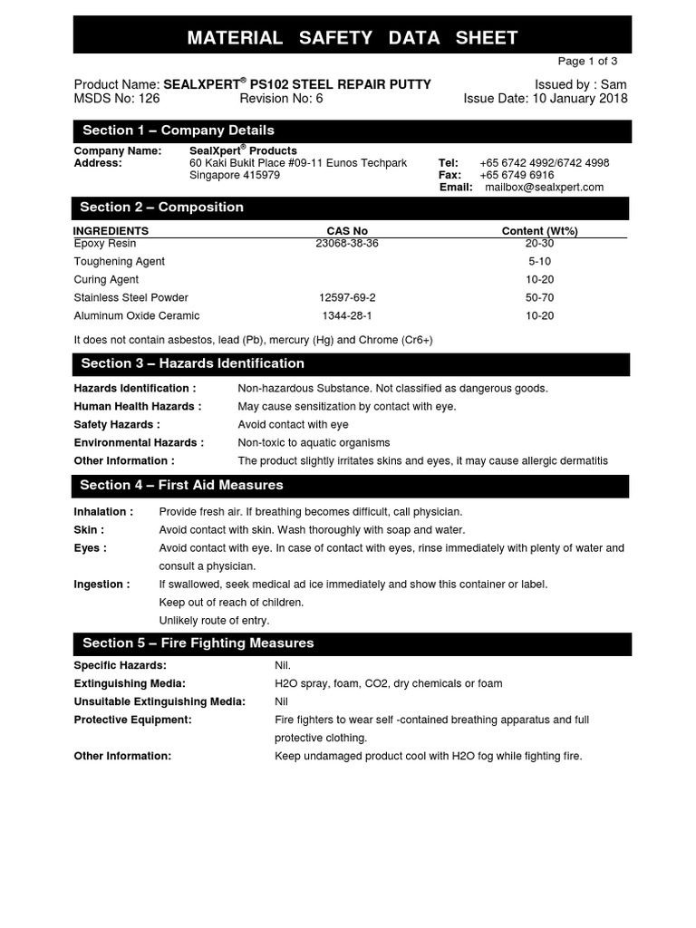 MSDS - Sealxpert PS102 Steel Repair Putty Rev 6 PDF | PDF | Dangerous ...
