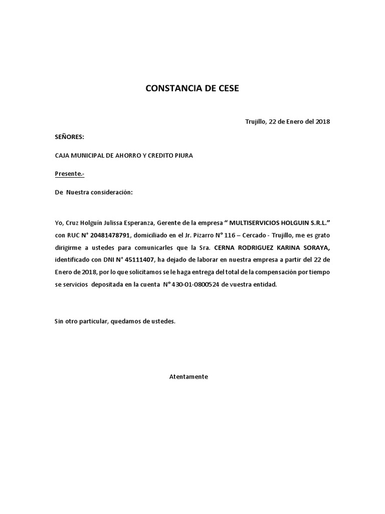 Constancia de Cese Laboral | PDF