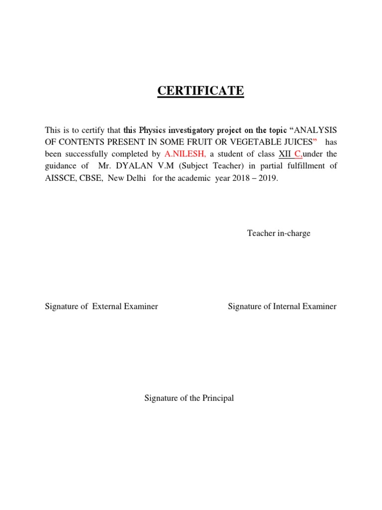 Physics Project Certificate for Class 12 | PDF