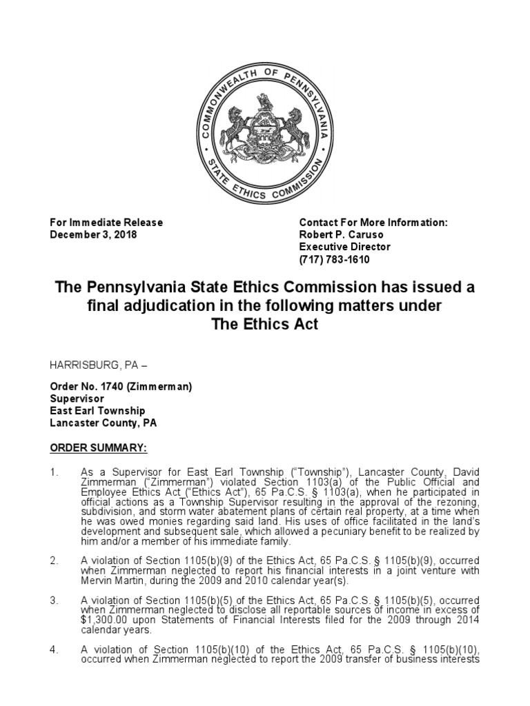 Pennsylvania State Ethics Commission Findings For Rep. David Zimmerman ...