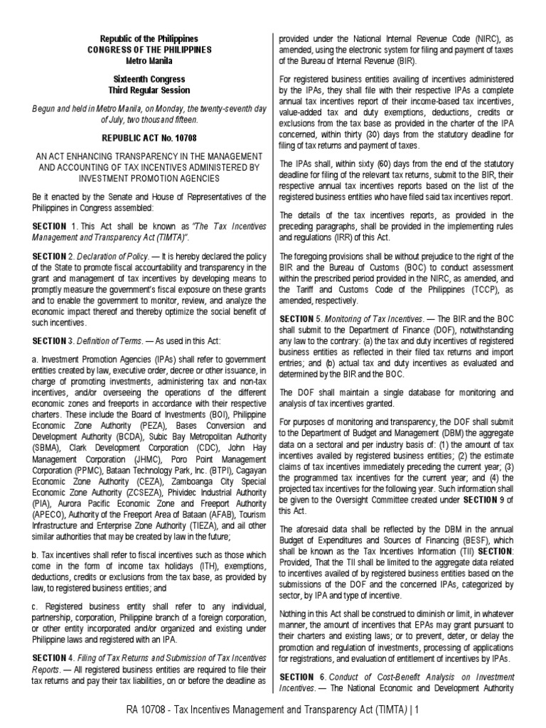 RA 10708 - Tax Incentives Management and Transparency Act (TIMTA) - 1 ...