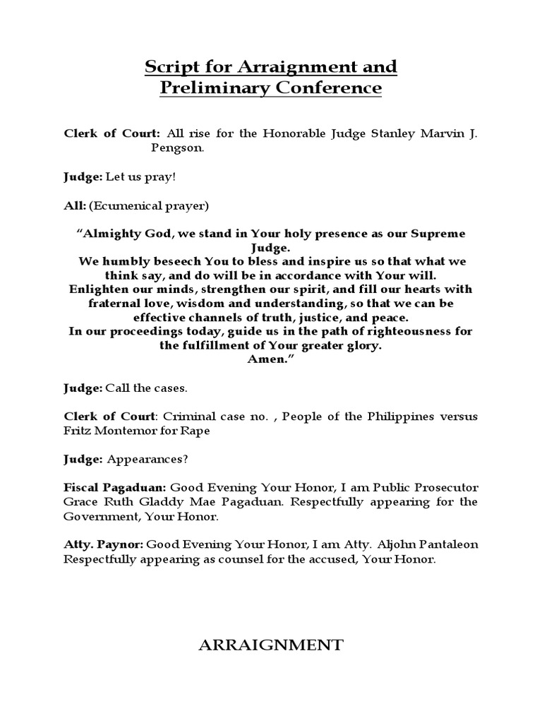 Script For Arraignment and Preliminary Conference | Download Free PDF ...