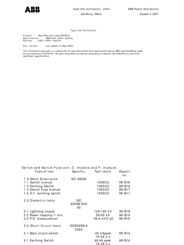Type Test Verification - 24Kv Abb Power Distribution Safering (Rmu ...