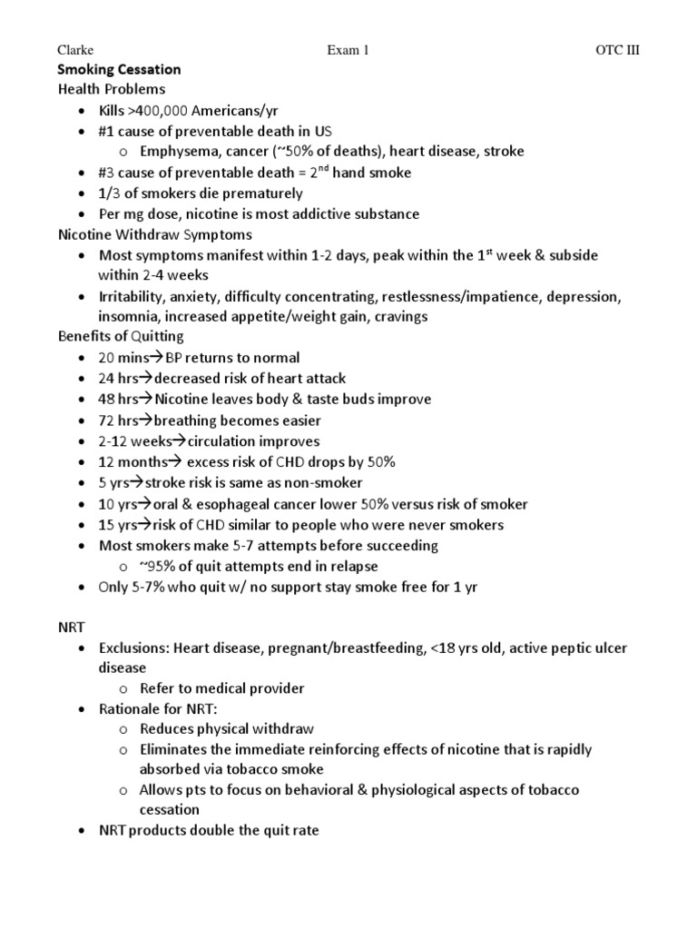 Smoking Cessation: Clarke Exam 1 Otc Iii | PDF | Gastroesophageal ...