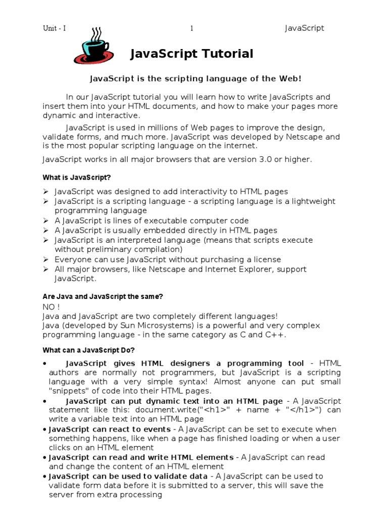Unit I Javascripttutorial Pdf Java Script Control Flow