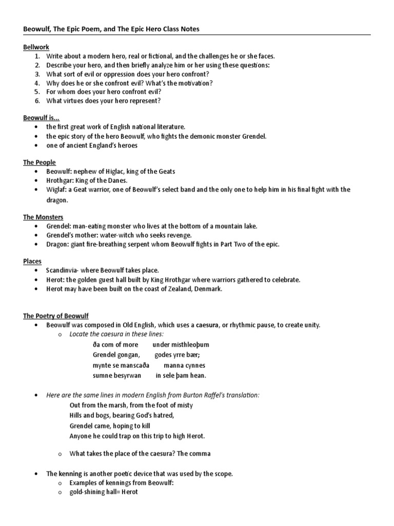 Beowulf, The Epic Poem, and The Epic Hero Class Notes: Bellwork | PDF ...