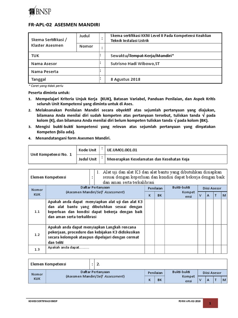 FR APL 02 Asesmen Mandiri | PDF