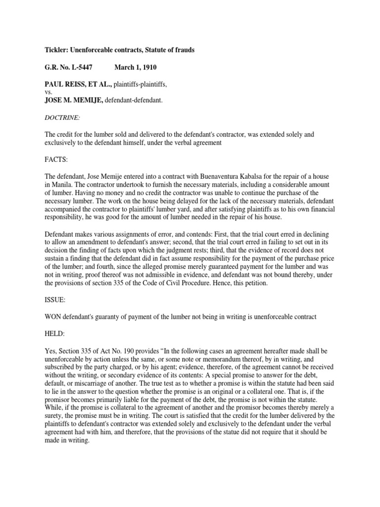 Tickler: Unenforceable Contracts, Statute of Frauds G.R. No. L-5447 ...