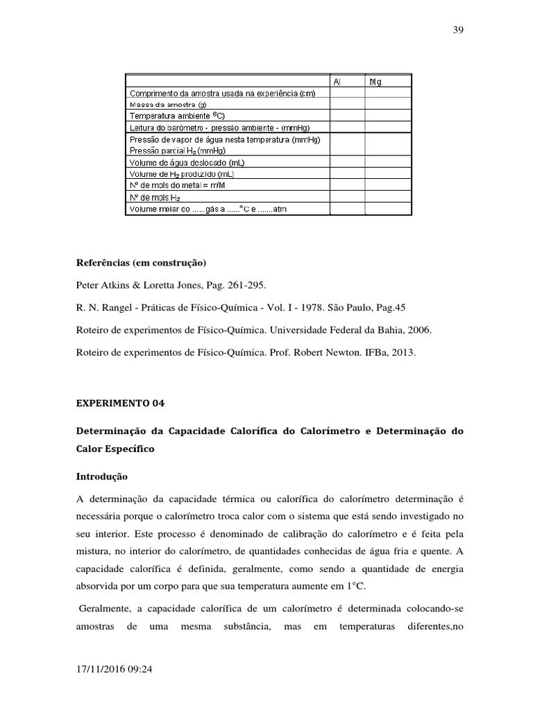 Determinação da Capacidade Calorífica e Calor Específico | PDF ...