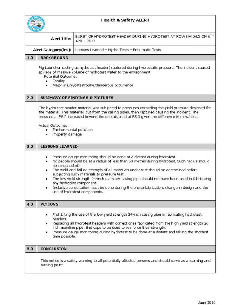 Hydrotest Header Failure Safety Alert | PDF | Yield (Engineering ...
