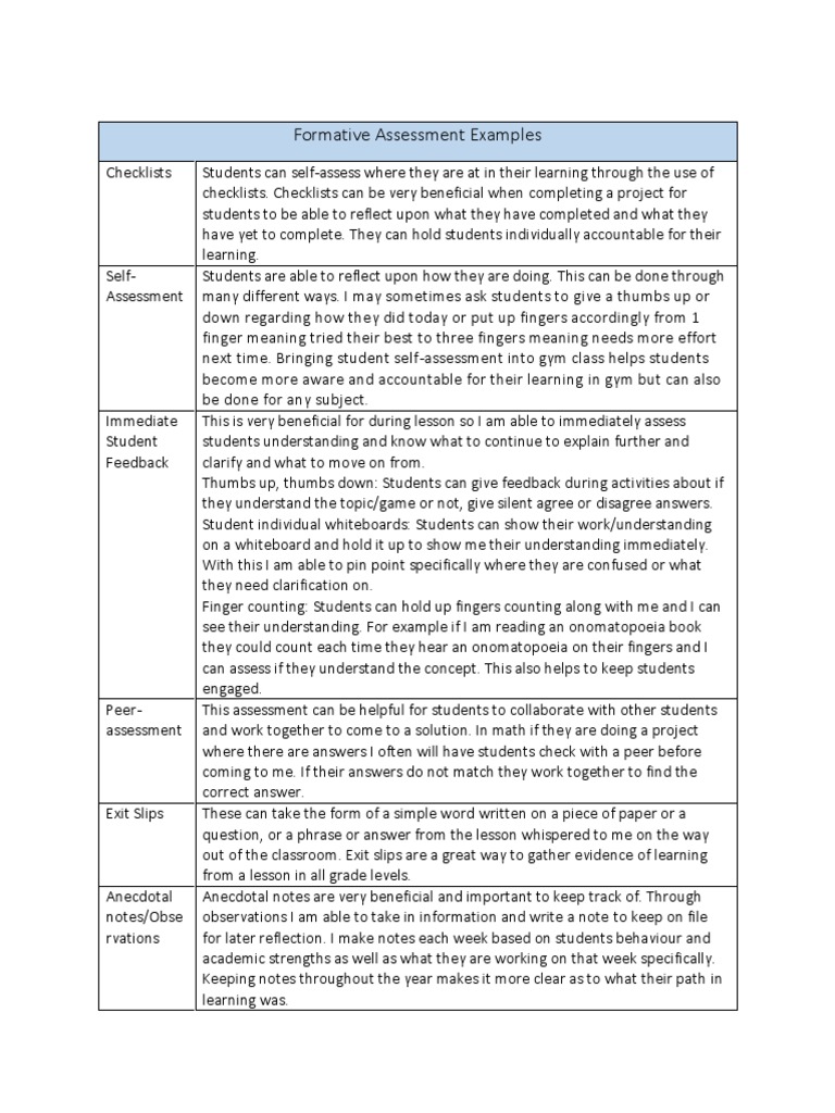 Formative Assessment Chart | PDF | Pedagogy | Behavior Modification