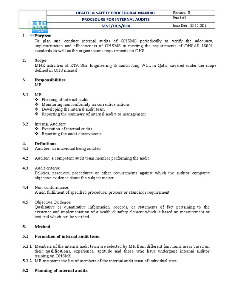 Health & Safety Procedural Manual Procedure For Internal Audits MNE/OHS ...
