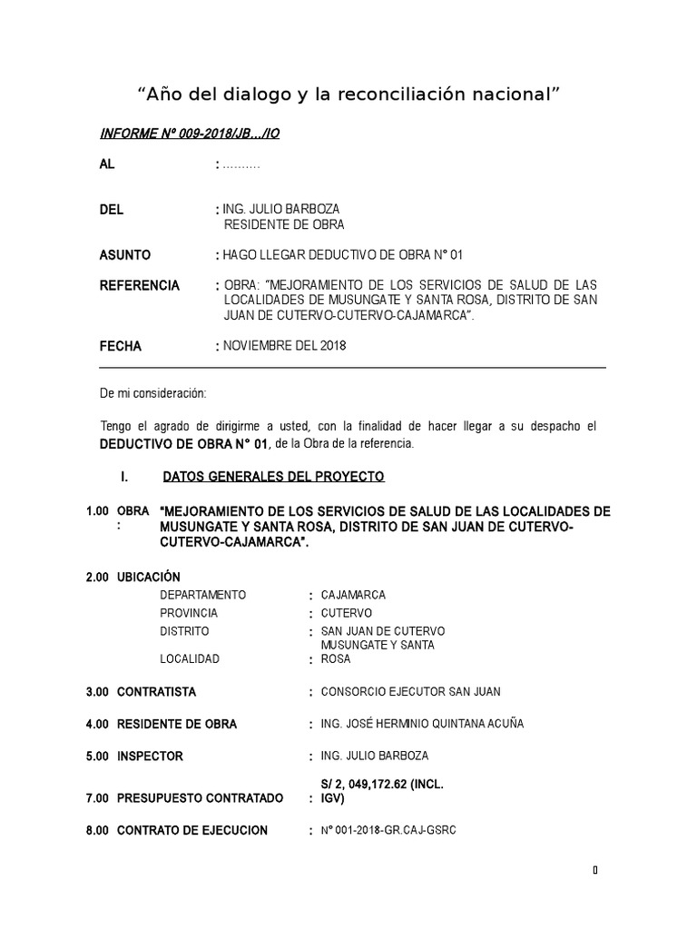 Informe de Deductivo de Obra #01 | PDF