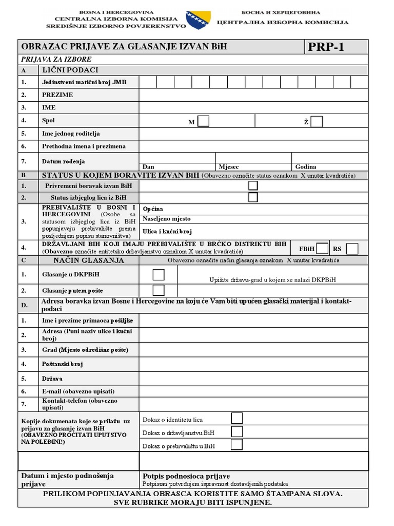 PRP 1-BH Obrazac Za Glasanje Izvan BiH-bos PDF | PDF