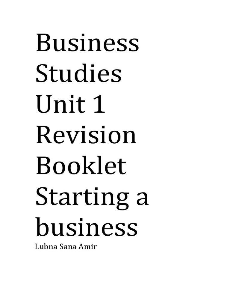 Business Studies Unit 1 Revision Booklet Starting A Business | PDF ...